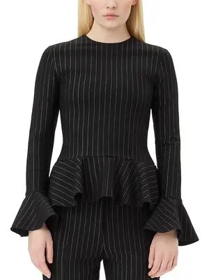 GANNI Striped Peplum Blouse With Flared Cuffs - Black