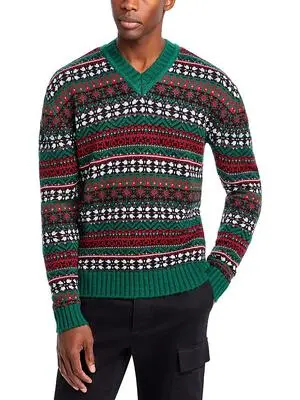 Hugo Sissoh Wool-blend Fair Isle V-neck Sweater - Dark Green