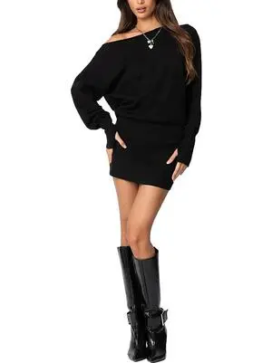EDIKTED Eve Off Shoulder Knit Mini Dress - Black