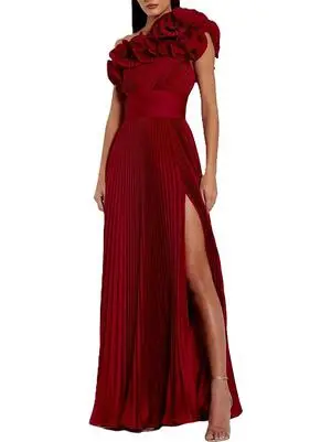Mac Duggal Pleated Charmeuse One Shoulder Ruffle Gown - Red