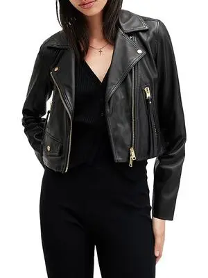 ALLSAINTS Elora Cropped Leather Biker Jacket - Black/gold