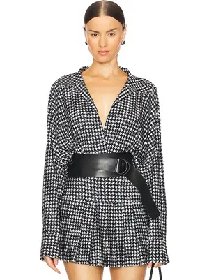 Norma Kamali Oversized Boyfriend Shirt Bodysuit - Large Houndstooth