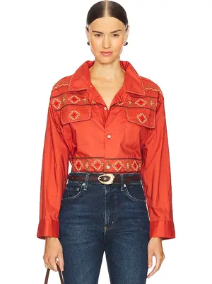 FOUND Embroidered Button-up Shirt - Red