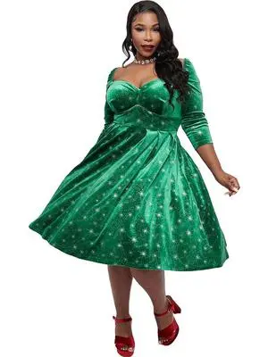 Unique Vintage Woven Sweetheart Neckline Swing Dress Green