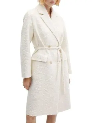 Mango Tie Belt Bouclé Coat - Ecru