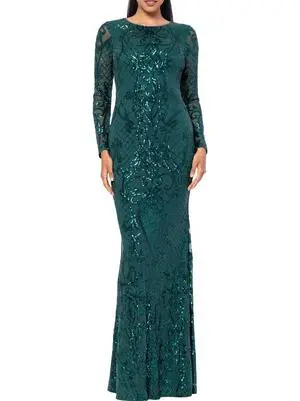 Betsy & Adam Sequin Long Sleeve Mermaid Gown - Emerald