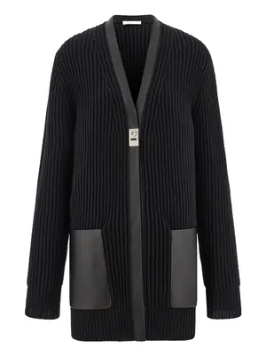 FERRAGAMO Longline Virgin Wool Cardigan With Leather Trim - Black