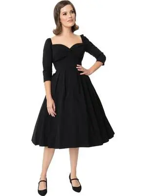 Unique Vintage Woven Sweetheart Neckline Lamar Swing Dress Black