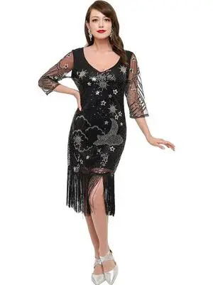 Unique Vintage 1920s Margaux Flapper Dress - Black & Silver