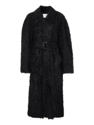 Carven Belted Faux Shearling Longline Coat - Black