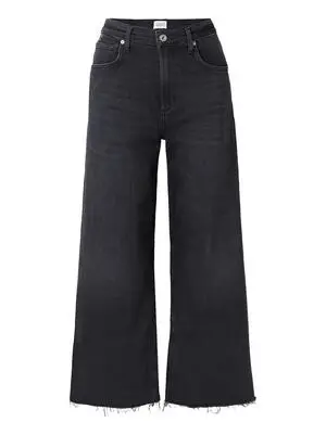 Citizens Of Humanity Lyra Frayed Cropped High-rise Wide-leg Jeans - Black