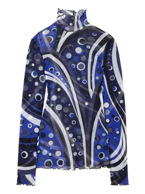 Emilio Pucci Printed Tulle Turtleneck Top - Blue