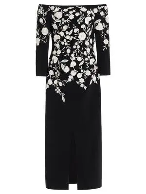 Carolina Herrera Embroidered Off-the-shoulder Cady Sheath Dress - Black