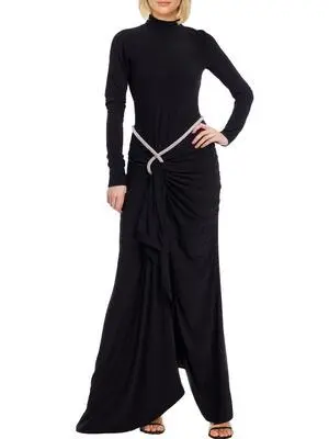 Badgley Mischka Mock Neck Belted Gown - Black