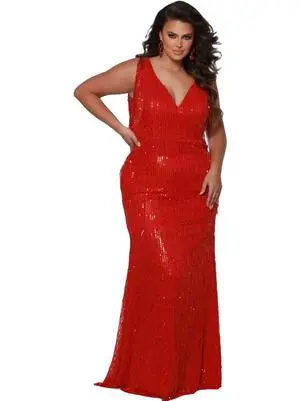 SYDNEY'S CLOSET V-neck Long Fitted Sequin Fringe Formal Gown - Cherry