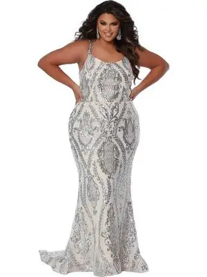 SYDNEY'S CLOSET Sydney's Closet Plus Size Sequin Mermaid Evening Gown Metallic Nude