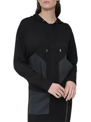 Dkny Mixed Media Drawstring Hoodie - Black