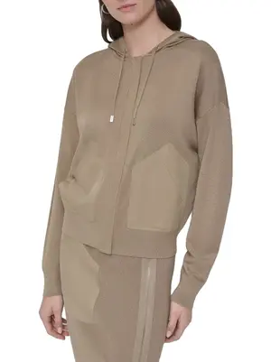 Dkny DKNY Mixed Media Drawstring Hoodie Taupe