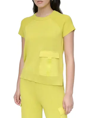 Dkny DKNY Satin Pocket Short Sleeve Sweater Acid Yellow