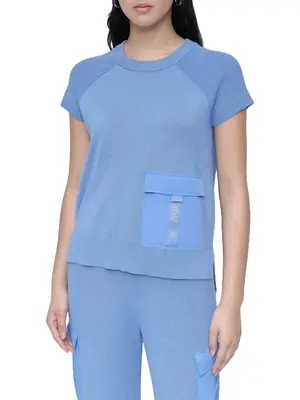 Dkny DKNY Satin Pocket Short Sleeve Sweater Blue Bell