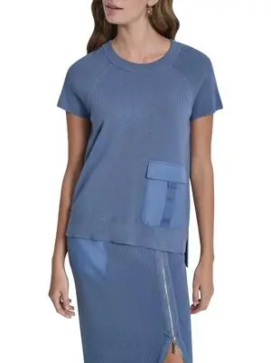 Dkny Satin Pocket Short Sleeve Sweater - Liberty Sky