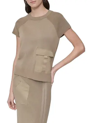 Dkny DKNY Satin Pocket Short Sleeve Sweater Taupe