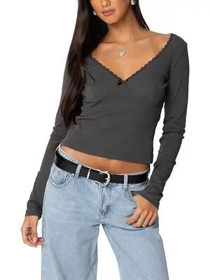 EDIKTED Adrienne Lace Trim Top - Dark Gray
