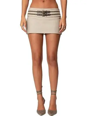 EDIKTED Double Buckle Faux Leather Mini Skort - Beige