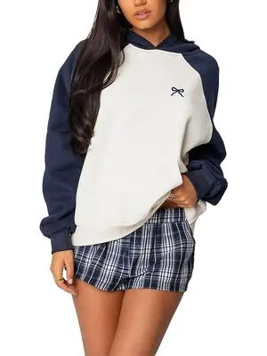 EDIKTED Raglan Bow Oversized Hoodie Navy And Cream