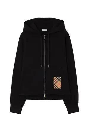 Burberry Zip Hoodie With Check Appliqu - Black
