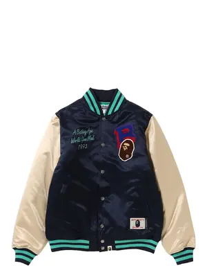 A BATHING APE Emblem Satin Varsity Jacket Navy