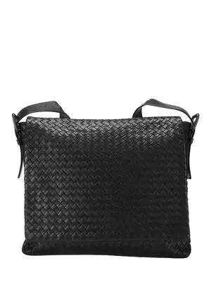 Bottega Veneta Intrecciato Leather Flat Messenger Bag - Black