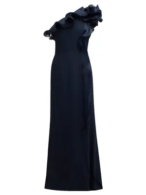 Rickie Freeman For Teri Jon One-shoulder Ruffle Gown - Navy