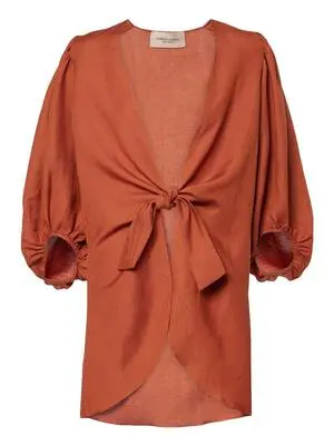 ADRIANA DEGREAS Solid Linen-blend Shirt - Brown