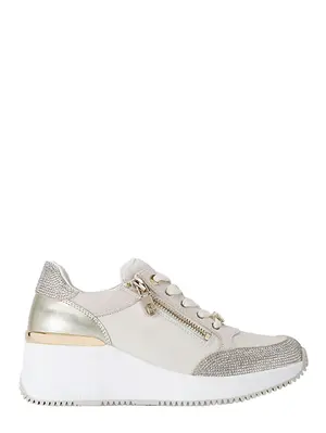 Carvela Skyline Crystal-embellished Wedge Leather Trainers - Gold Comb