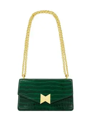 Mac Duggal Mac Duggal Crocodile Embossed Leather Shoulder Bag With Gold Chain Deep Green