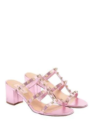 Valentino Garavani Rockstud Laminated Nappa Leather Slide Sandal - Natural
