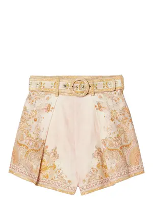 Zimmermann Acacia Belted Printed Linen Shorts - Neutrals