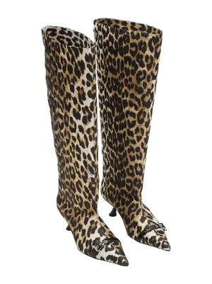 GANNI Leopard-print Knee-length Boots - Brown