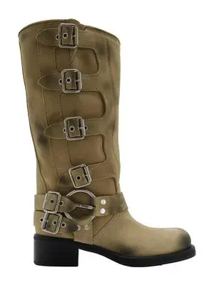 Miu Miu Buckled Leather Mid-Calf Boots Tan