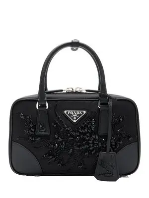 Prada Embroidered Nylon And Leather Top Handle Bag - Black