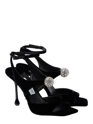 JIMMY CHOO Orb 95 Embellished Velvet Sandals - Black
