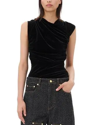 GANNI Velvet Jersey Ruched Blouse - Black