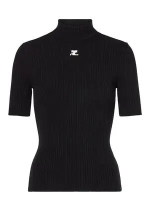 COURREGES Courrèges Ribbed Knit High Neck Top - Black