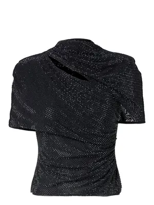 SELF-PORTRAIT Draped Embellished Mesh Top - Black