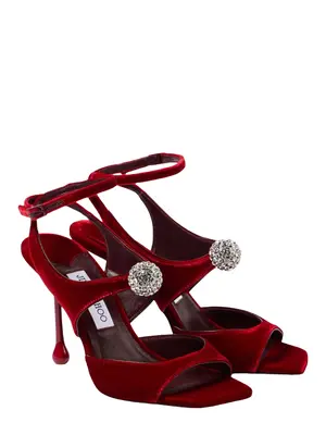 JIMMY CHOO Orb 95 Embellished Velvet Sandals - Red