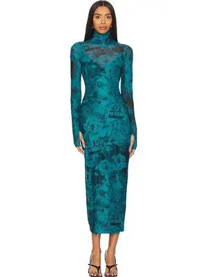 AFRM Shailene Printed Mesh Turtleneck Midi Dress - Teal