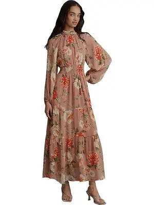 THE SOMERSET COLLECTION BY ANTHROPOLOGIE Long-sleeve Mock-neck Chiffon Maxi Dress - Pink Floral