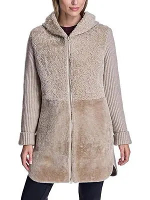 MAXIMILIAN Maximilian Hooded Shearling Coat With Knit Trim Caffe Latte