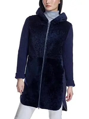 MAXIMILIAN Hooded Shearling Coat With Knit Trim - Cosmos Blue